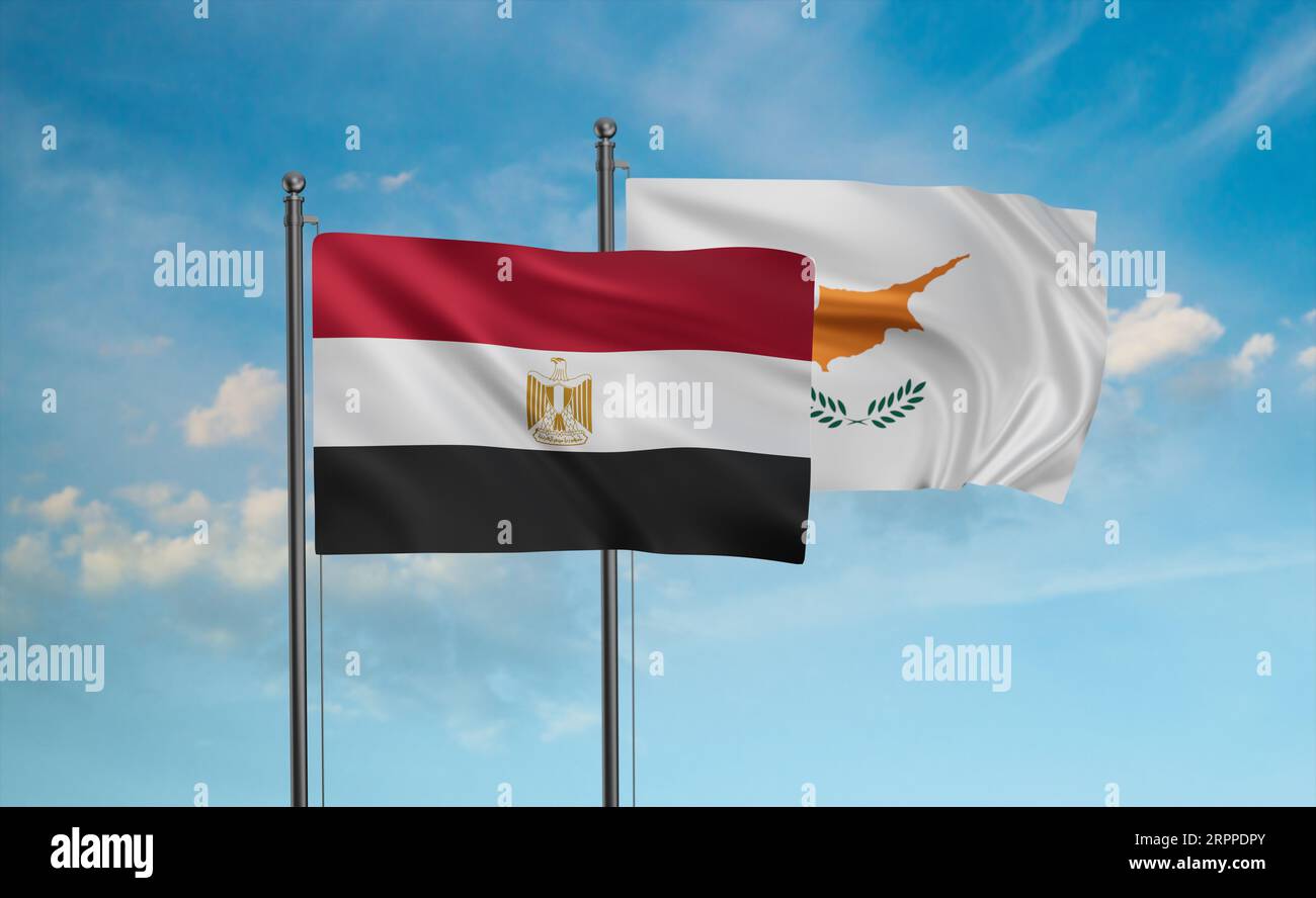 Cyprus flag and Egypt flag waving together on blue sky, two country ...