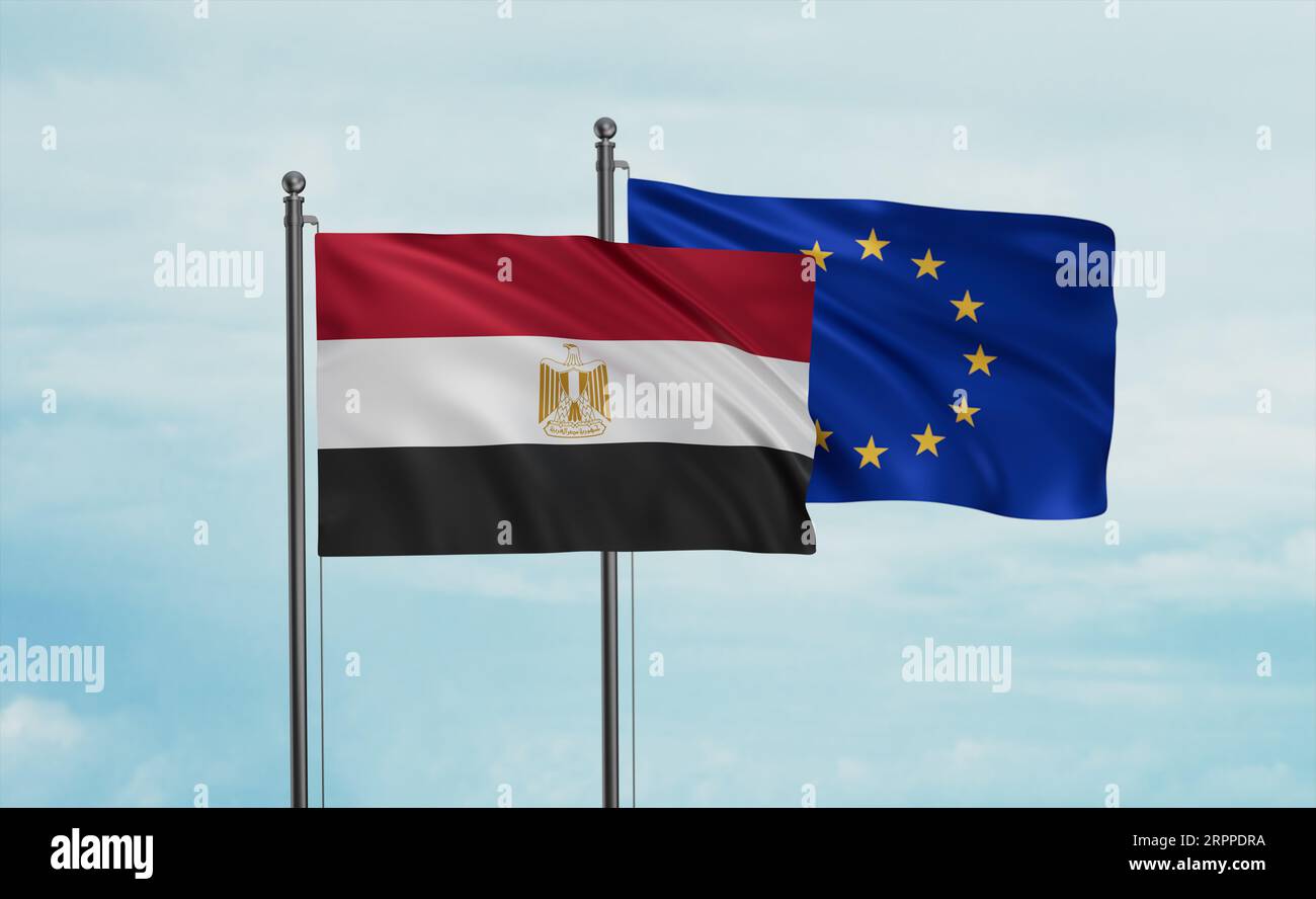 European Union and Egypt flag waving together in the wind on blue sky ...