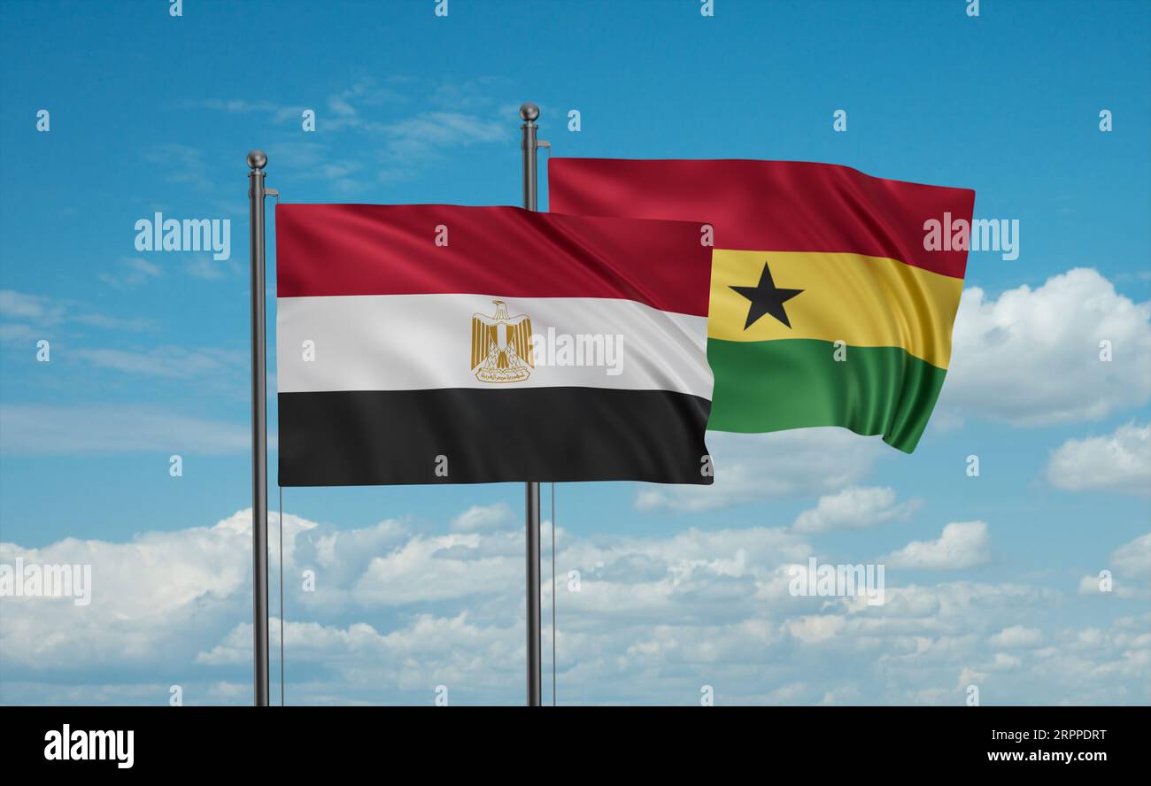 Ghana flag and Egypt flag waving together on blue sky, two country ...