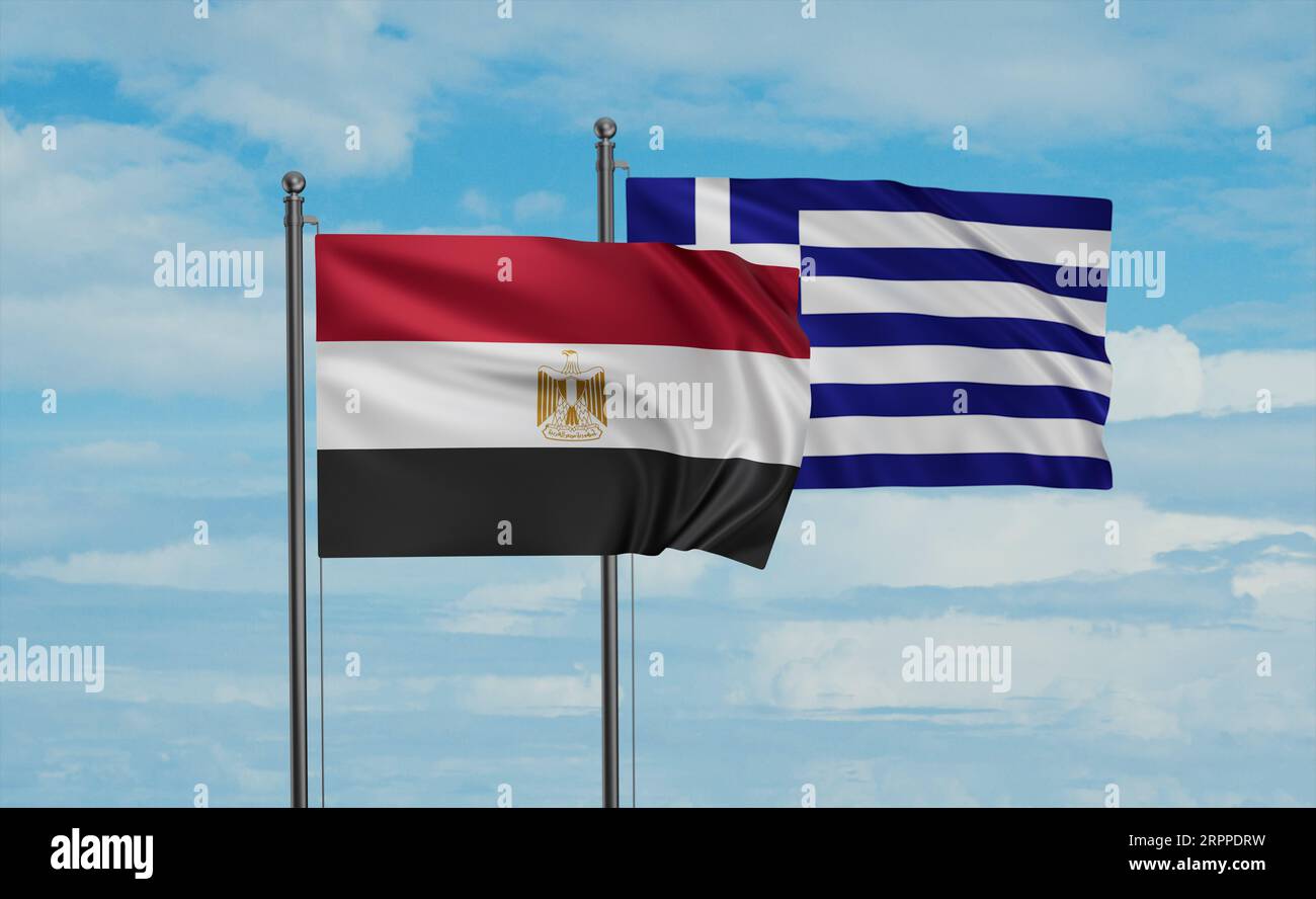 Greece flag and Egypt flag waving together on blue sky, two country ...