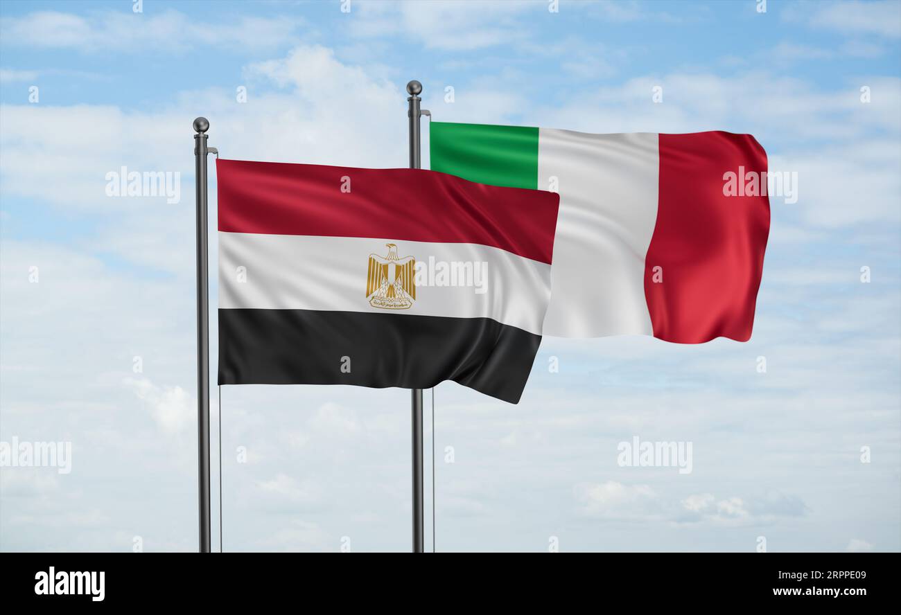 Italy and Egypt flag waving together in the wind on blue sky, two ...