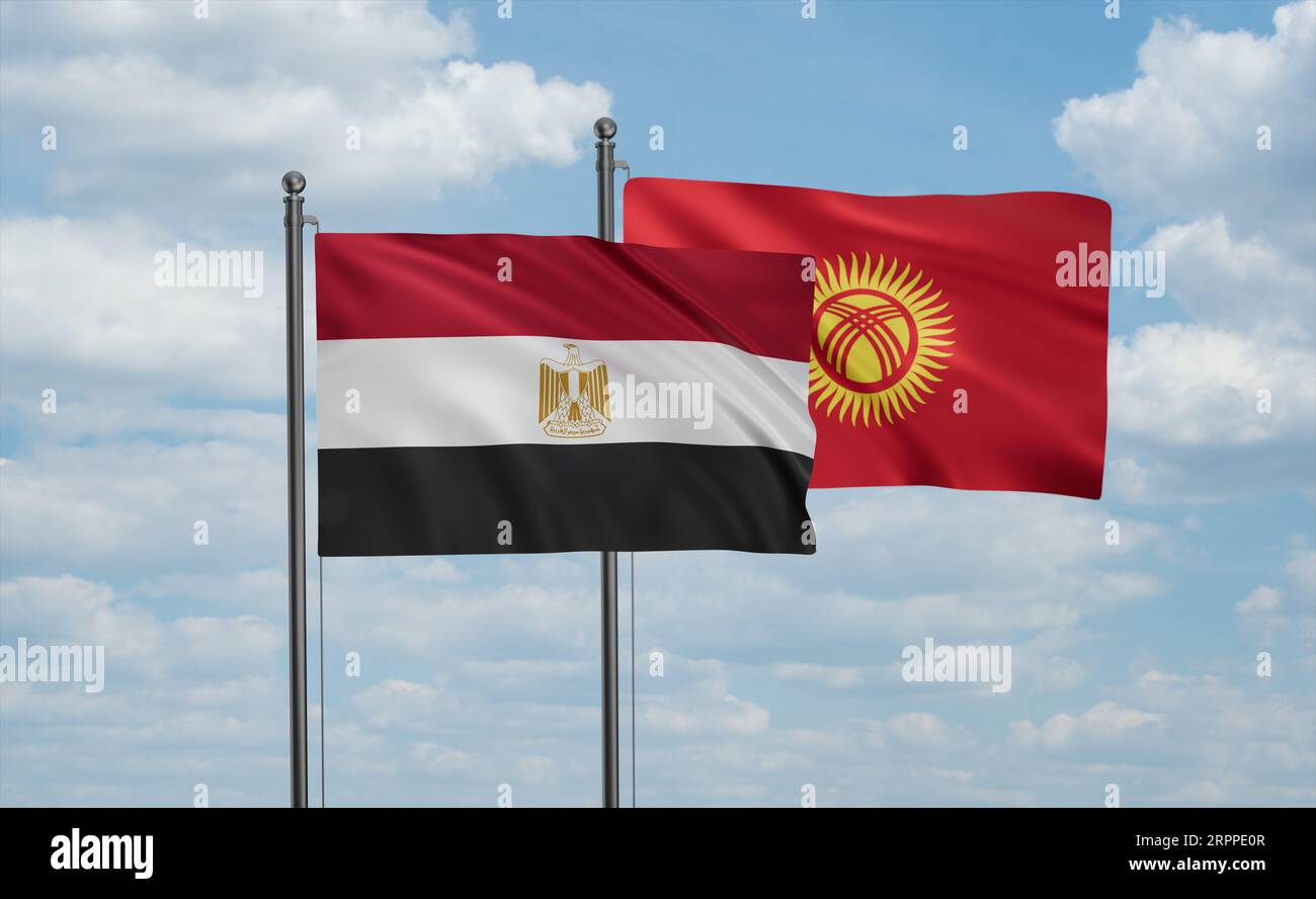 Kyrgyzstan flag and Egypt flag waving together on blue sky, two country ...