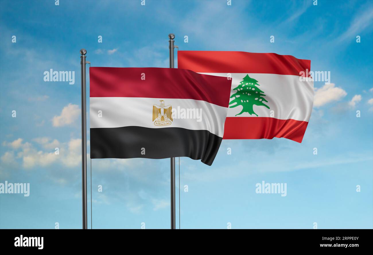 Lebanon and Egypt flag waving together in the wind on blue sky, two ...