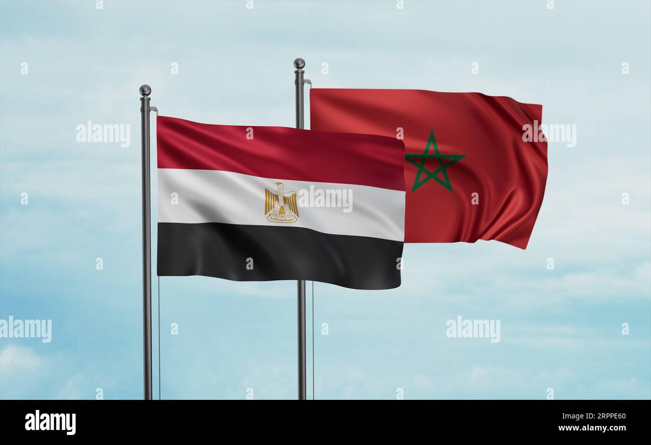 Morocco flag and Egypt flag waving together on blue sky, two country ...