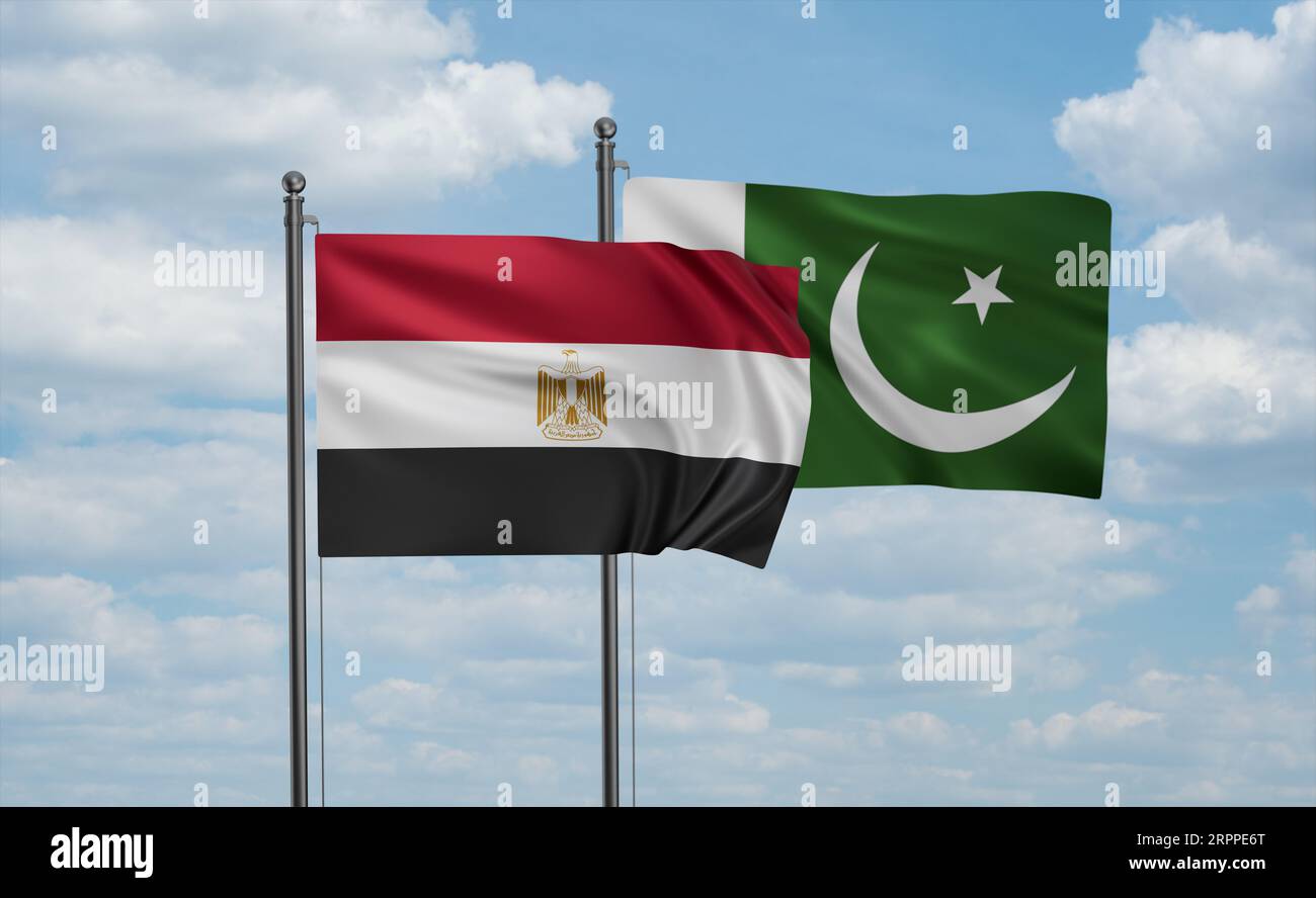 Pakistan flag and Egypt flag waving together on blue sky, two country ...