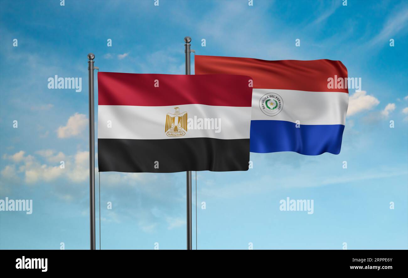 Paraguay flag and Egypt flag waving together on blue sky, two country ...