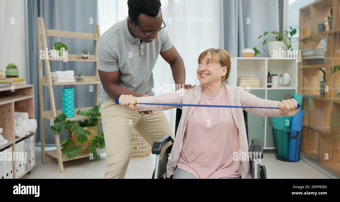 Senior woman with disability, physiotherapy and stretching band for muscle rehabilitation ...