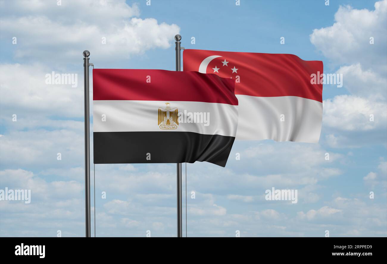 Republic of Singapore and Egypt flag waving together in the wind on ...