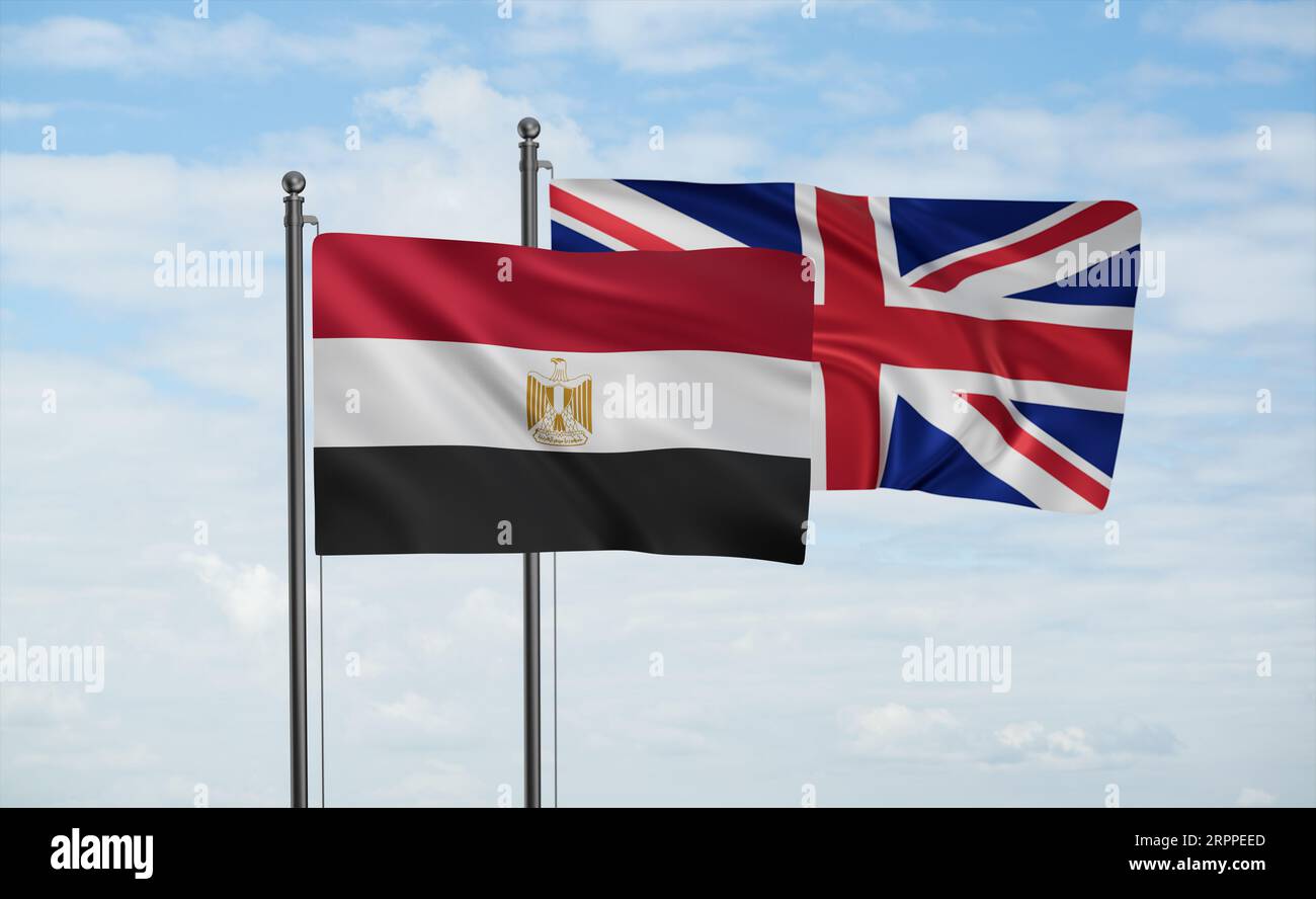 United Kingdom and Egypt flag waving together in the wind on blue sky ...