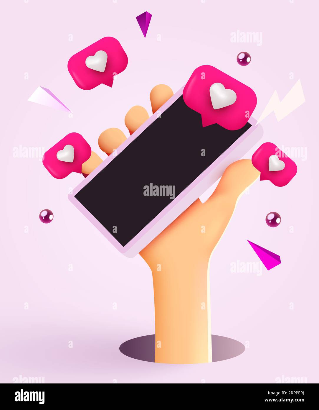 Cute cartoon hand holding mobile smartphone with Likes notification ...