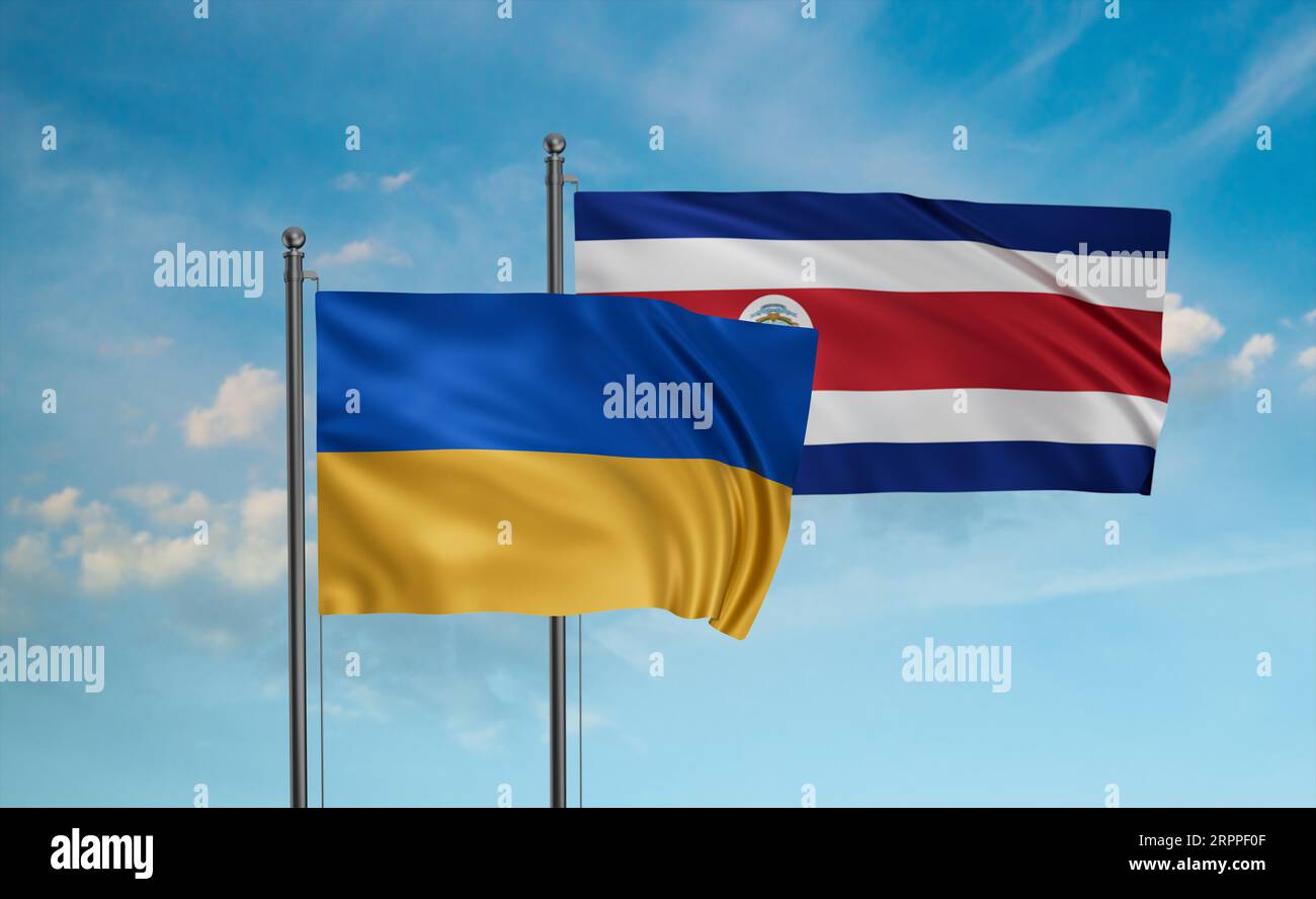 Costa Rico and Ukraine flag waving together in the wind on blue sky ...