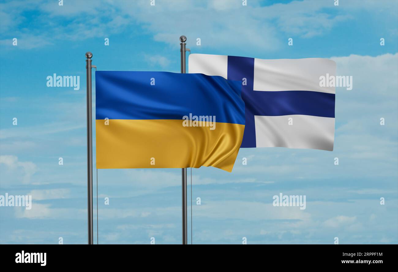 Finland flag and Ukraine flag waving together on blue sky, two country ...