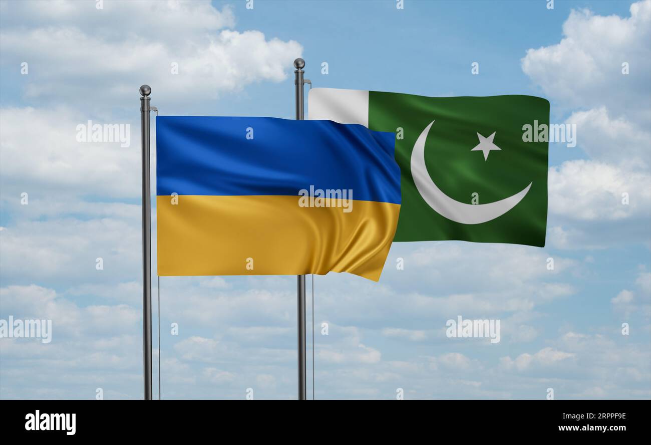 Pakistan flag and Ukraine flag waving together on blue sky, two country ...
