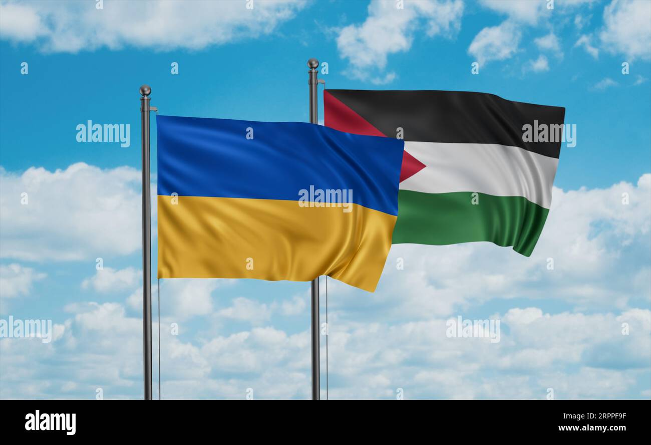 Palestine and Gaza Strip flag and Ukraine flag waving together on blue ...