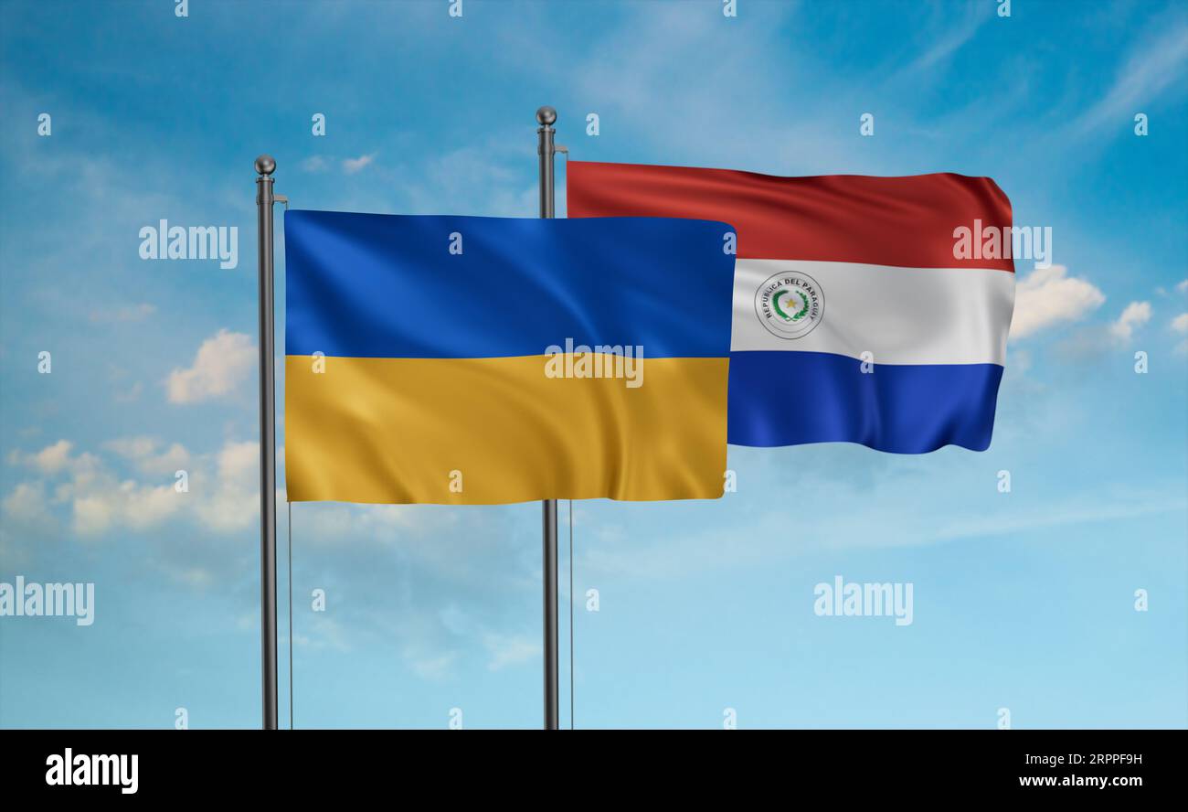 Paraguay flag and Ukraine flag waving together on blue sky, two country ...