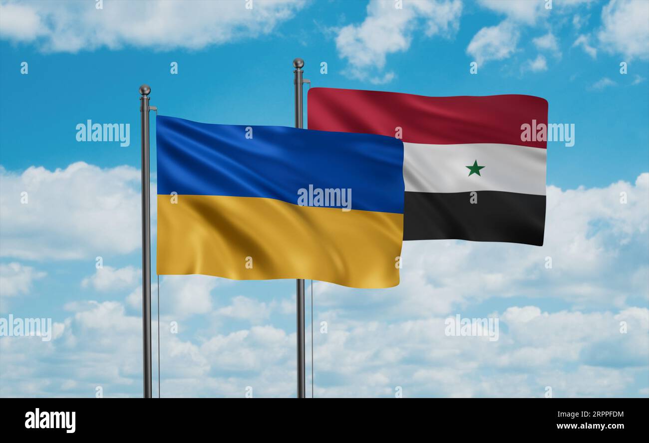 Syrian Arab Republic, Syria and Ukraine flag waving together in the ...