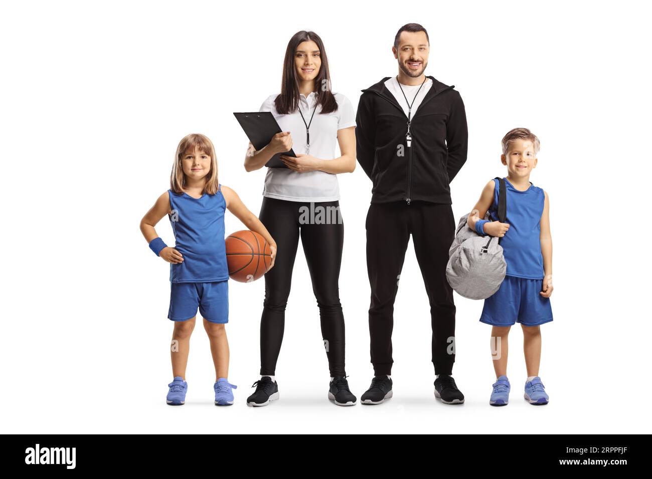 Children with basketball standing with PE teachers isolated on white ...