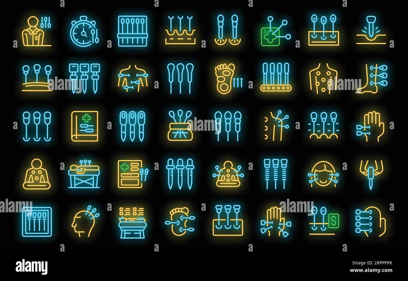 Acupuncture icons set outline vector. Meridian body. Live point neon ...