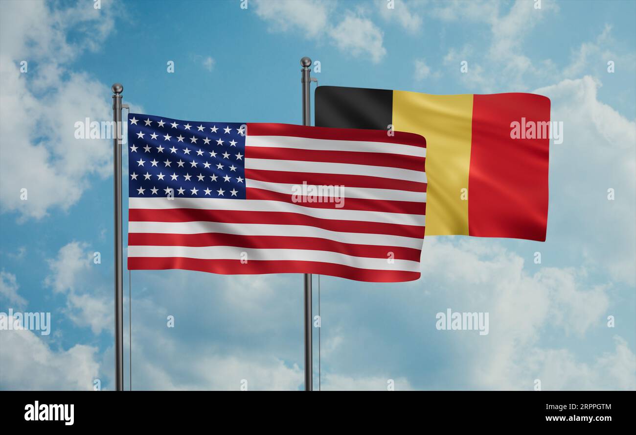 Belgium flag and USA flag waving together on blue sky, two country ...
