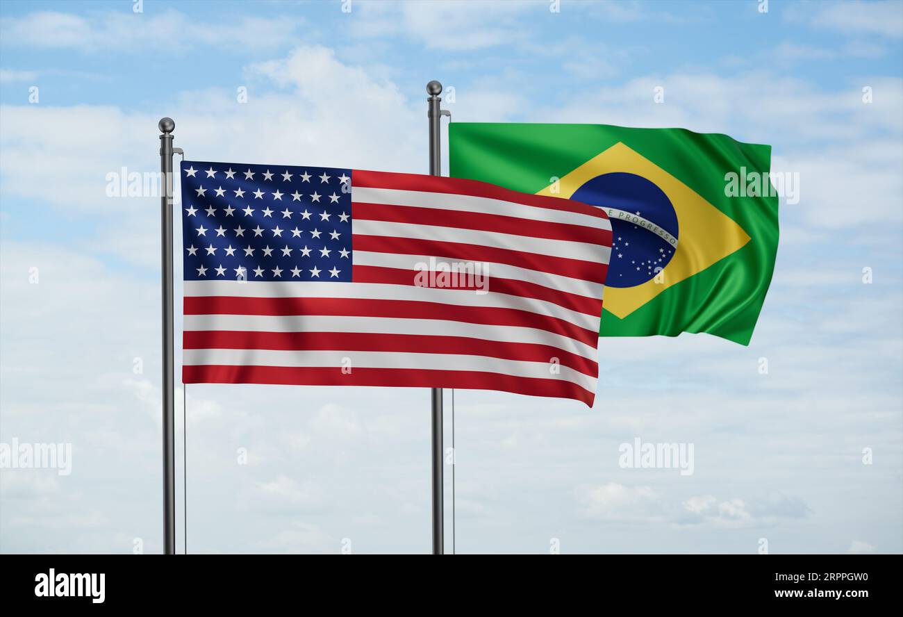 Brazil flag and USA flag waving together on blue sky, two country ...