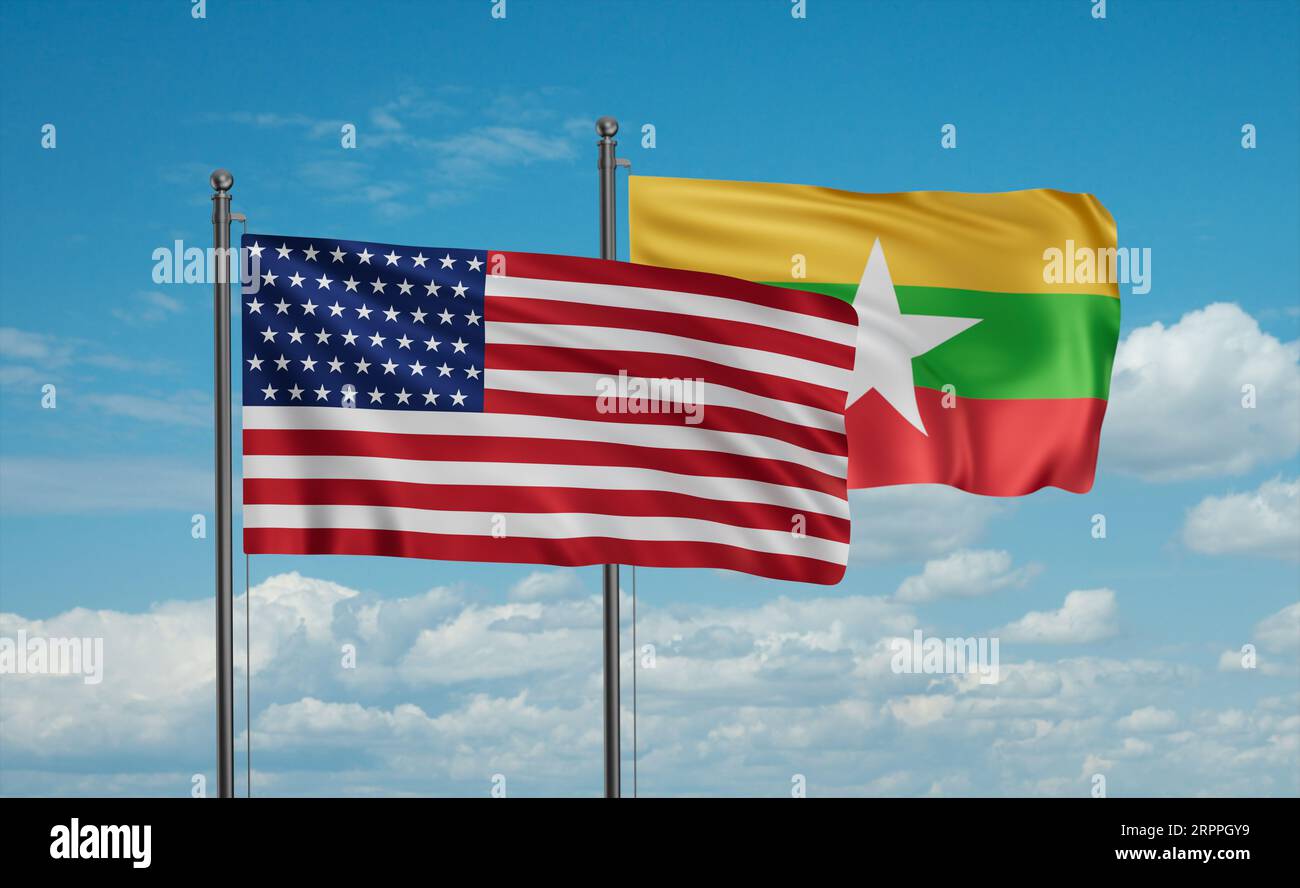 Myanmar aka Burma flag and USA flag waving together on blue sky, two ...