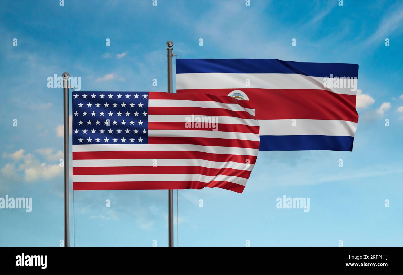 Costa Rico and USA flag waving together in the wind on blue sky, two ...