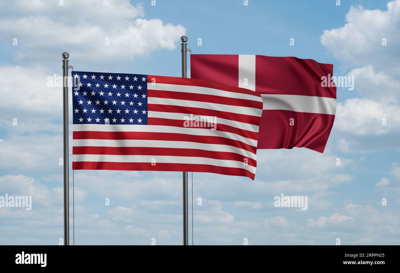 Denmark flag and USA flag waving together on blue sky, two country ...