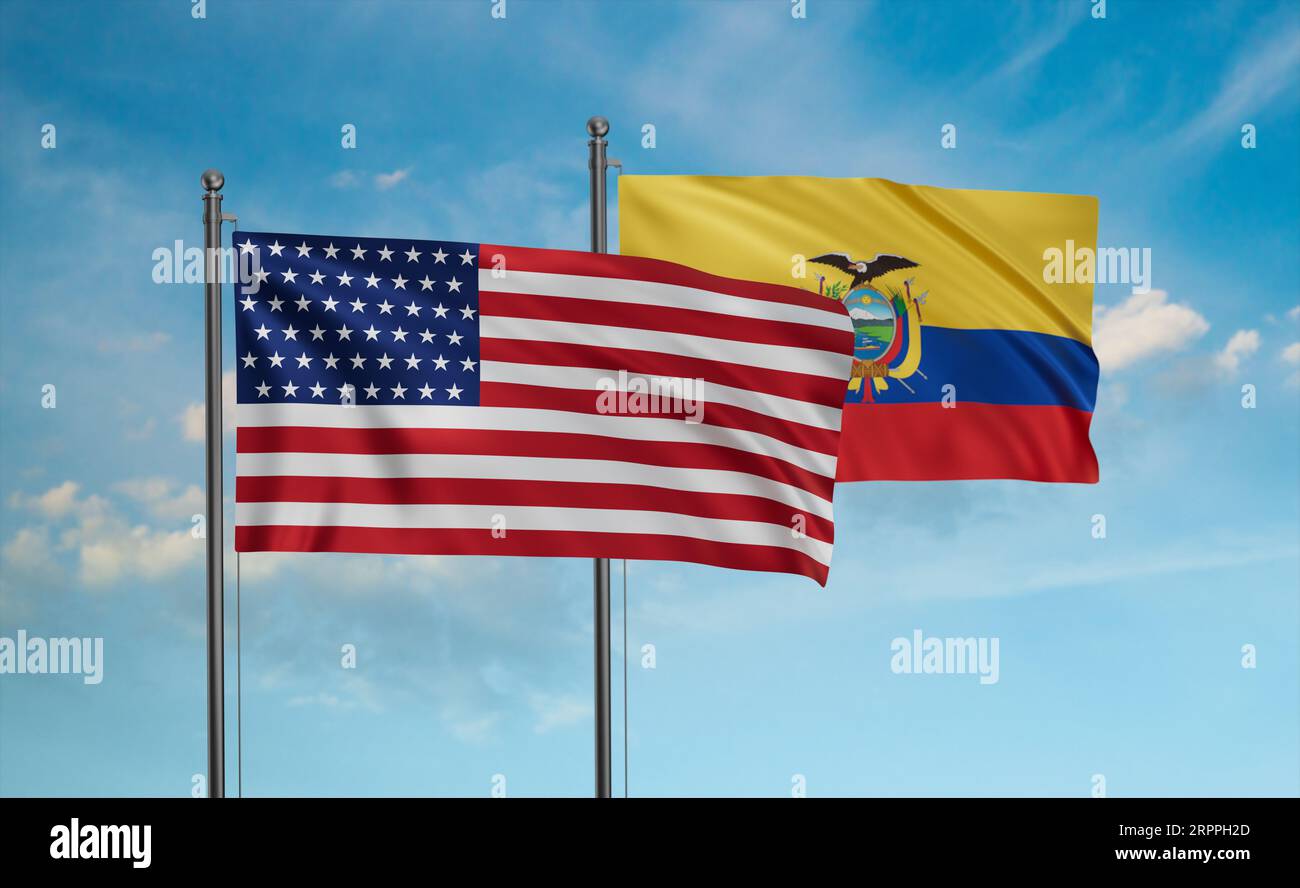 Ecuador flag and USA flag waving together on blue sky, two country ...