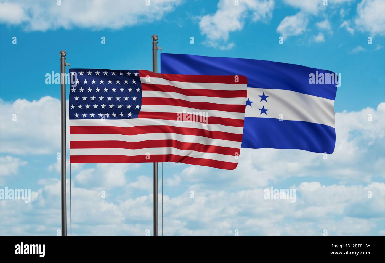 Honduras and USA flag waving together in the wind on blue sky, two ...