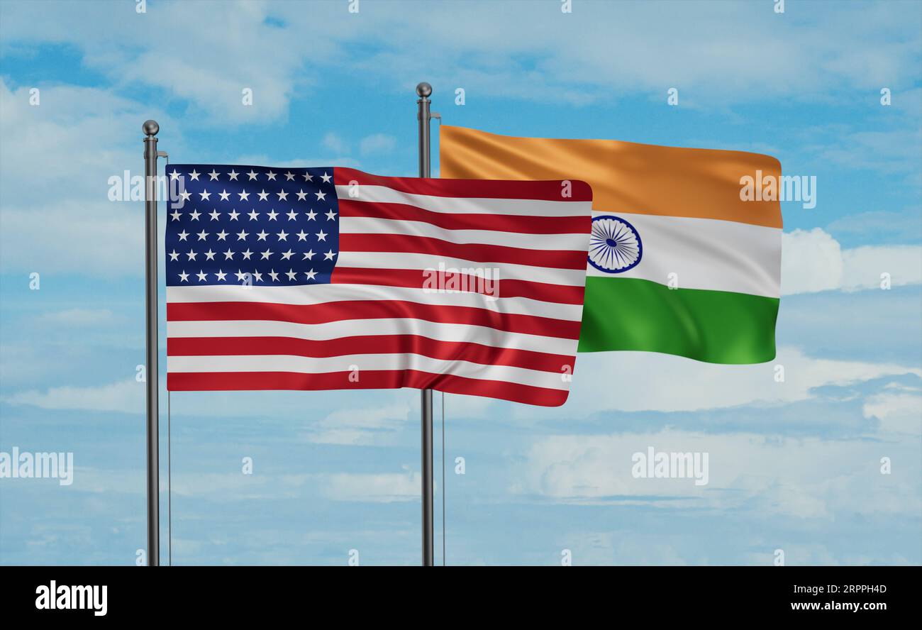 India flag and USA flag waving together on blue sky, two country ...