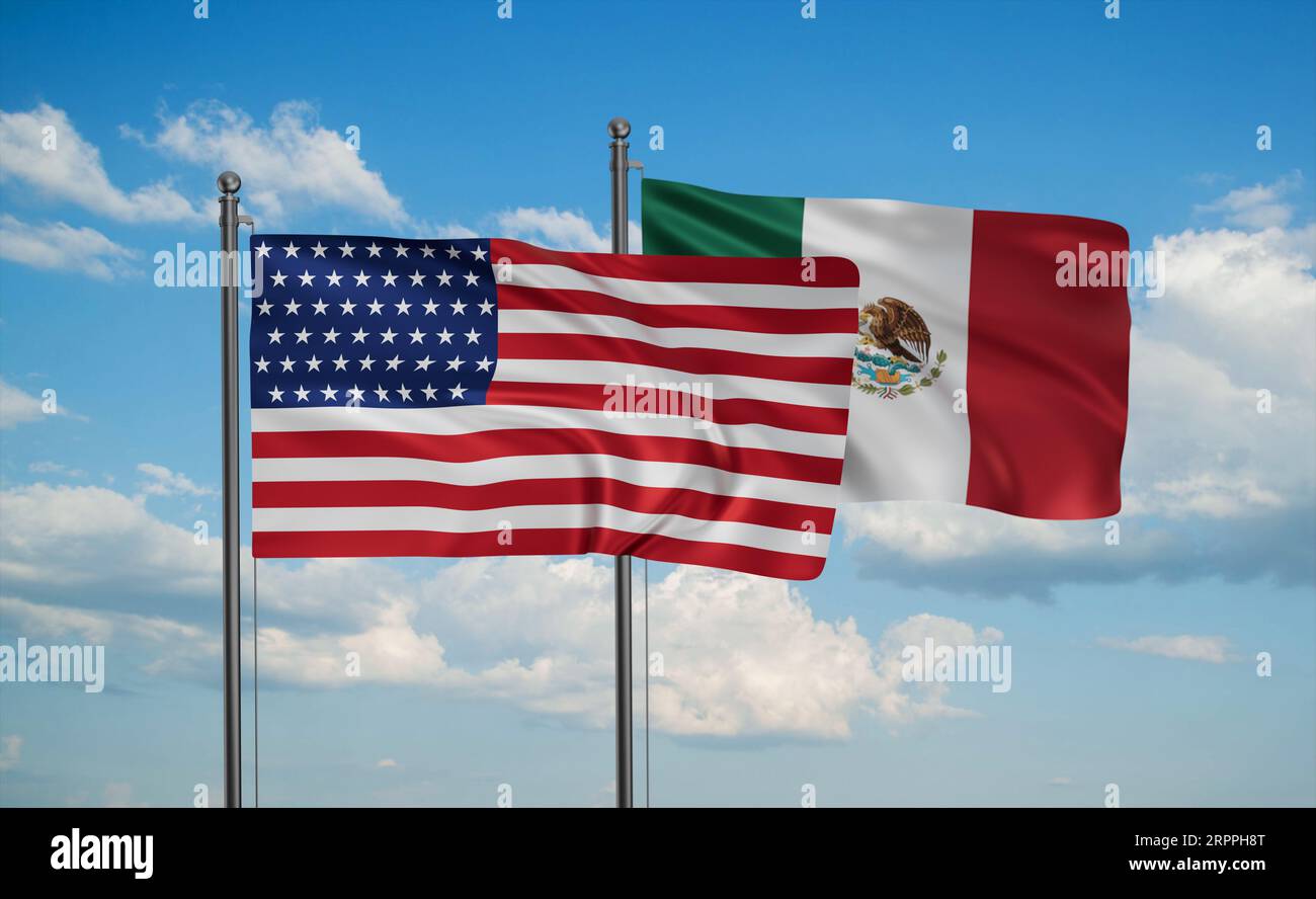Mexico flag and USA flag waving together on blue sky, two country ...