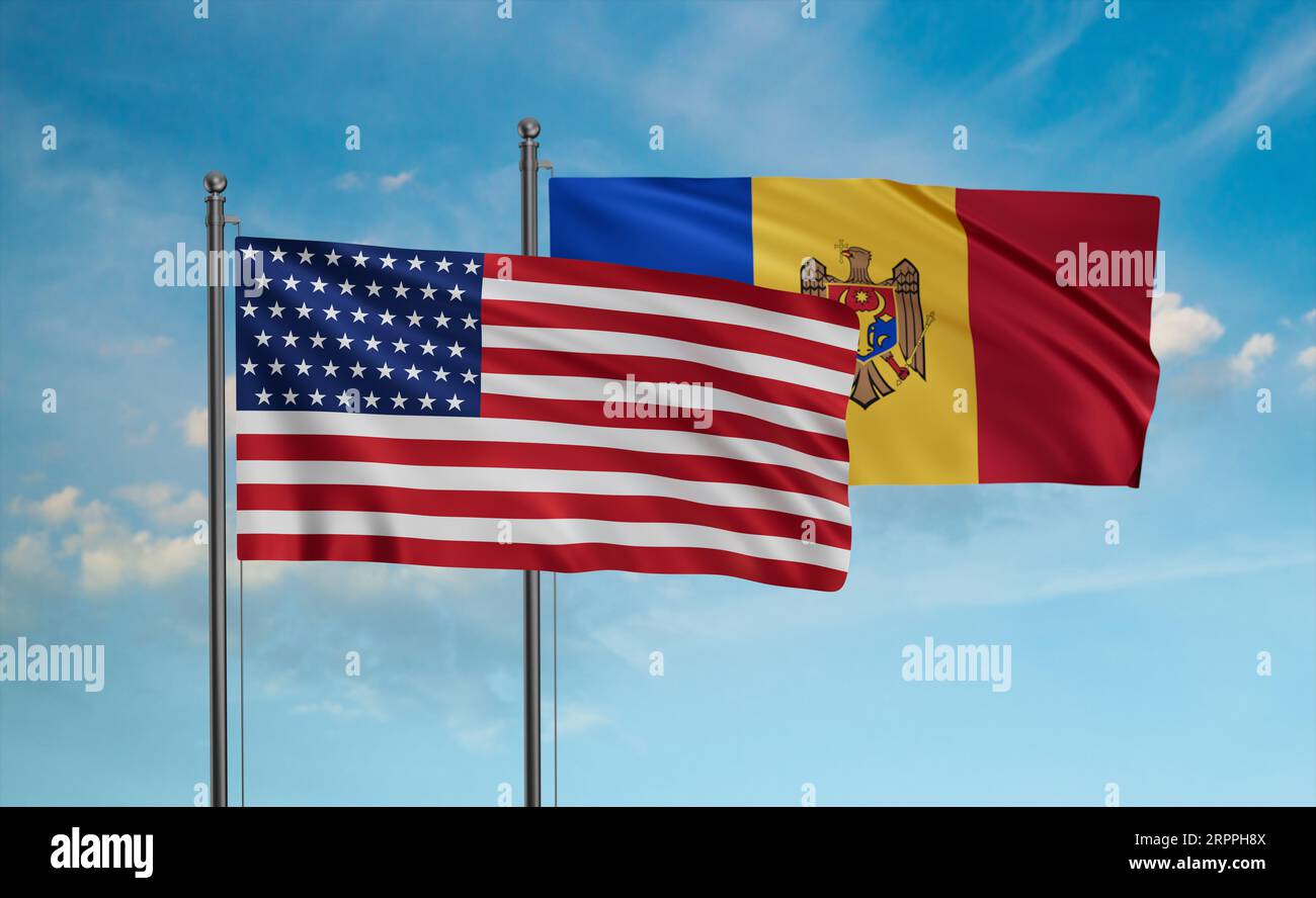 Moldova and USA flag waving together in the wind on blue sky, two ...