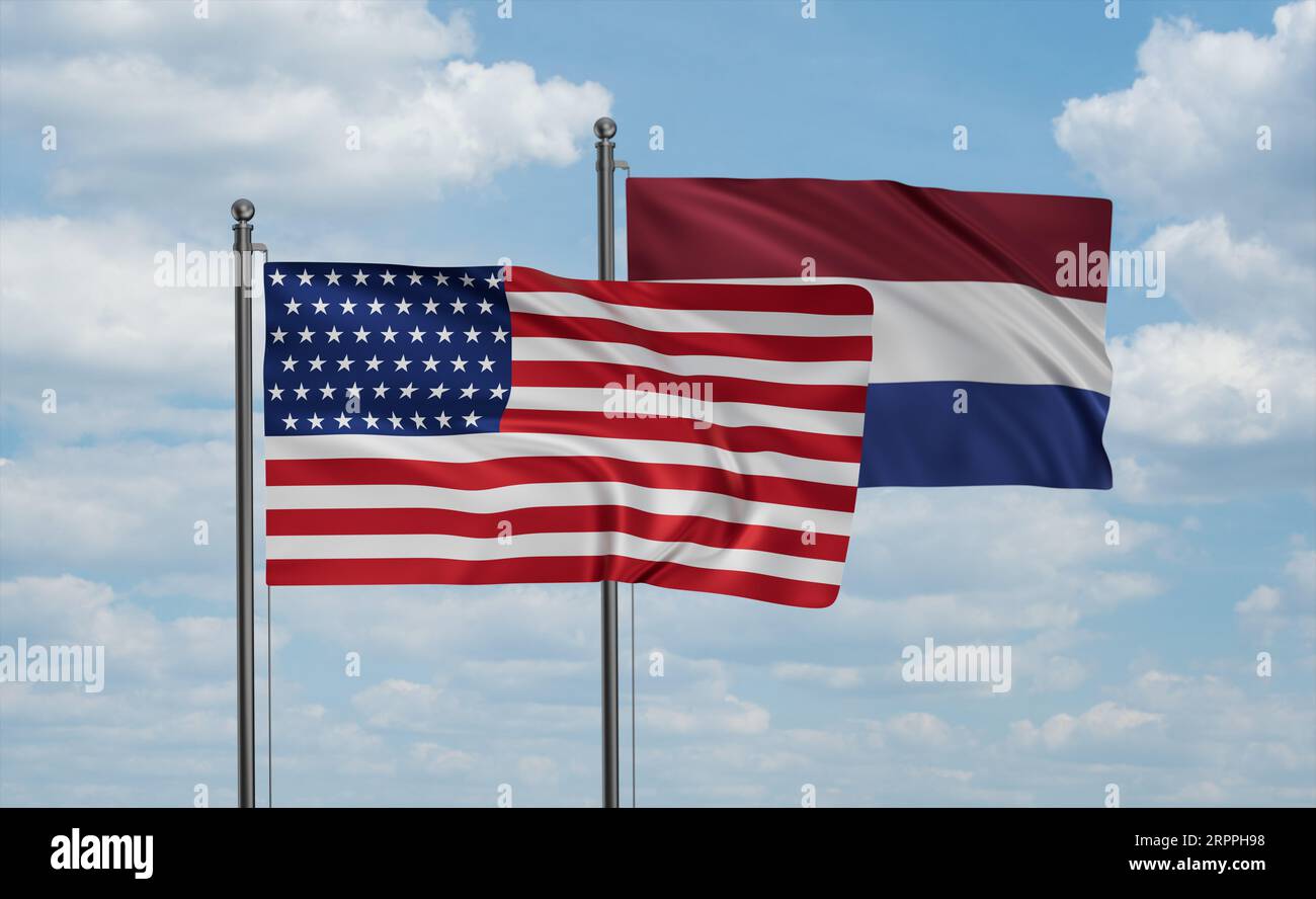 Netherlands flag and USA flag waving together on blue sky, two country ...