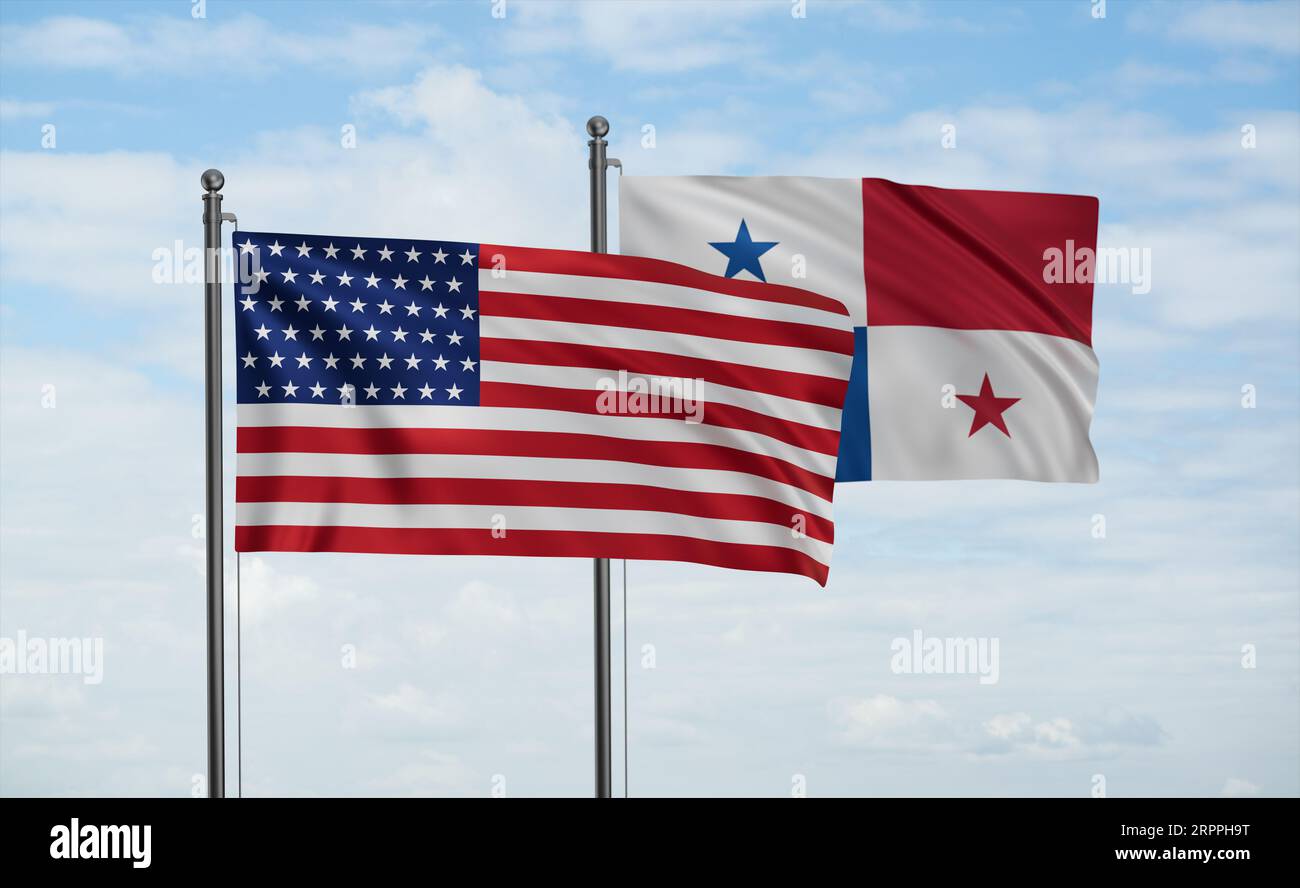 Panama flag and USA flag waving together on blue sky, two country ...