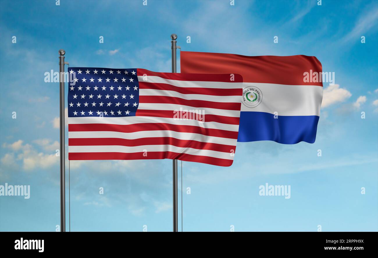 Paraguay flag and USA flag waving together on blue sky, two country ...