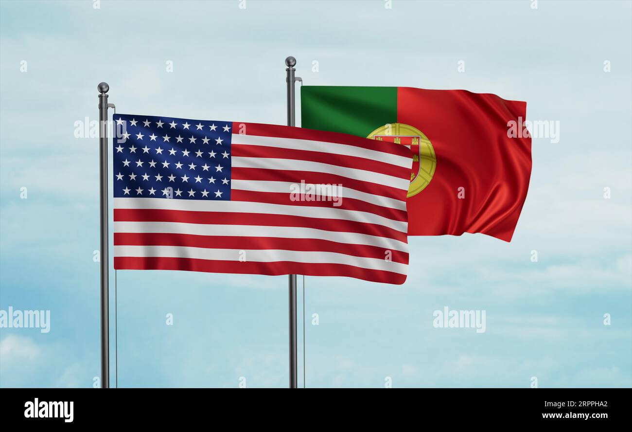 Portugal and USA flag waving together in the wind on blue sky, two ...