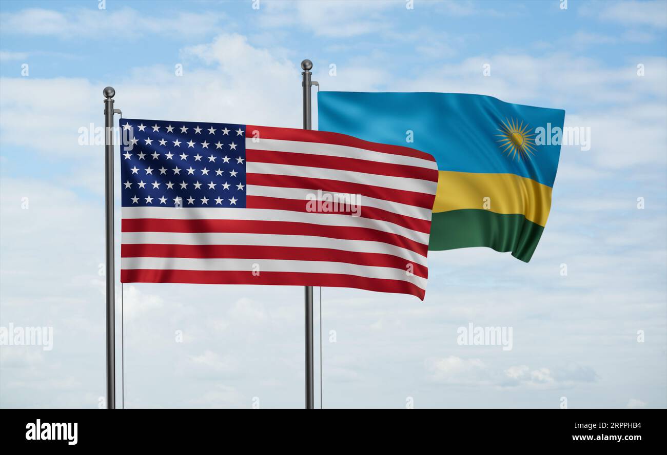 Republic of Rwanda and USA flag waving together in the wind on blue sky ...