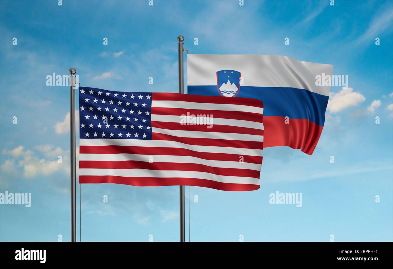 Slovenia and USA flag waving together in the wind on blue sky, two ...