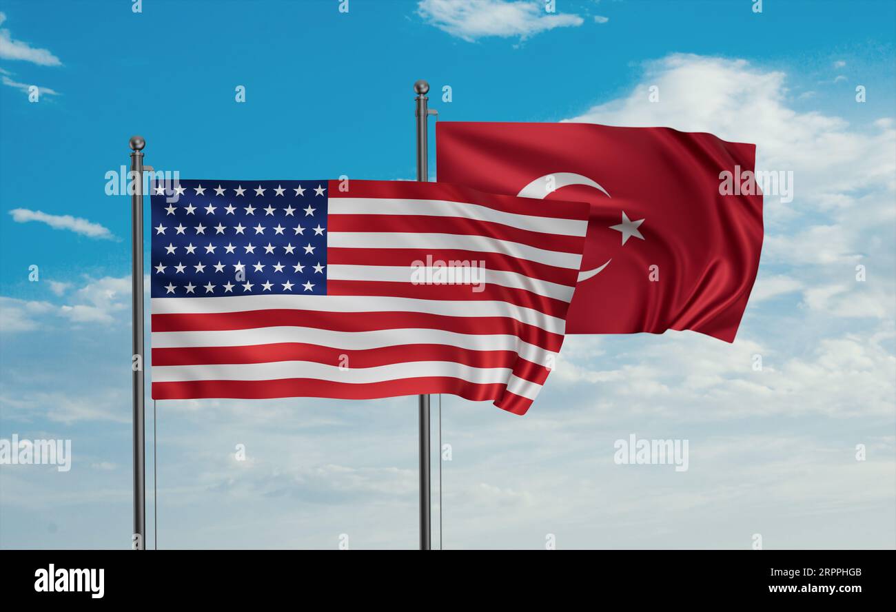 Republic of Turkey and USA flag waving together in the wind on blue sky ...