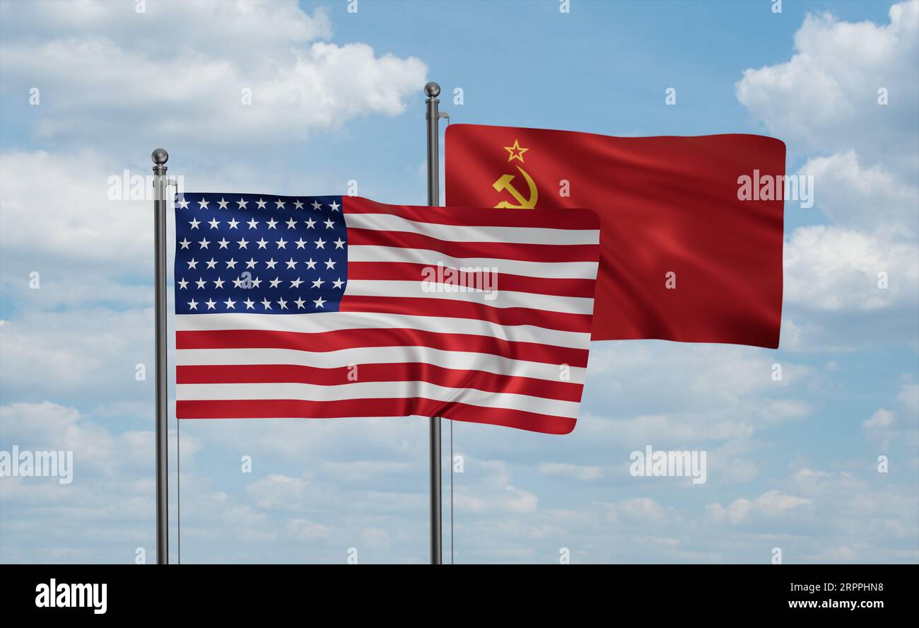 Soviet Union or USSR and USA flag waving together in the wind on blue ...
