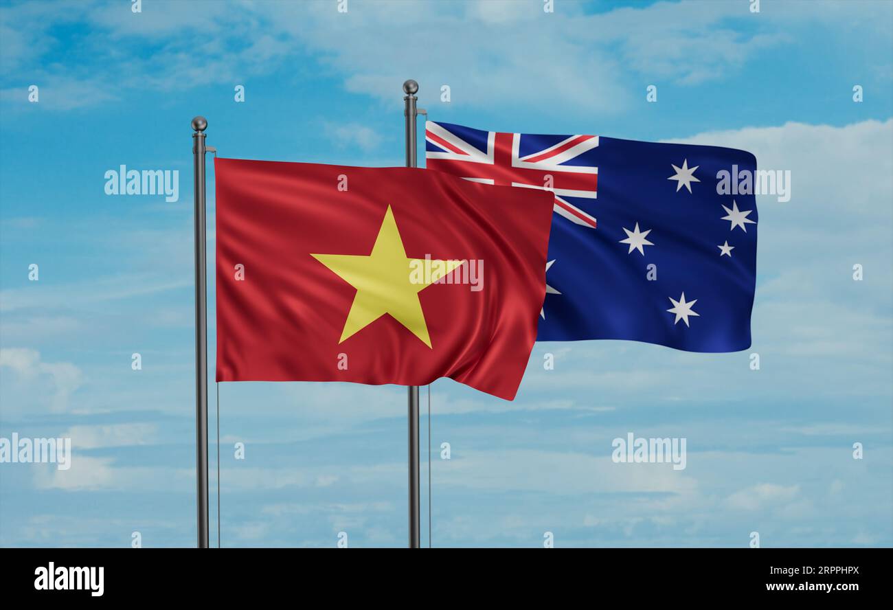 Australia flag and Vietnam flag waving together on blue sky, two ...