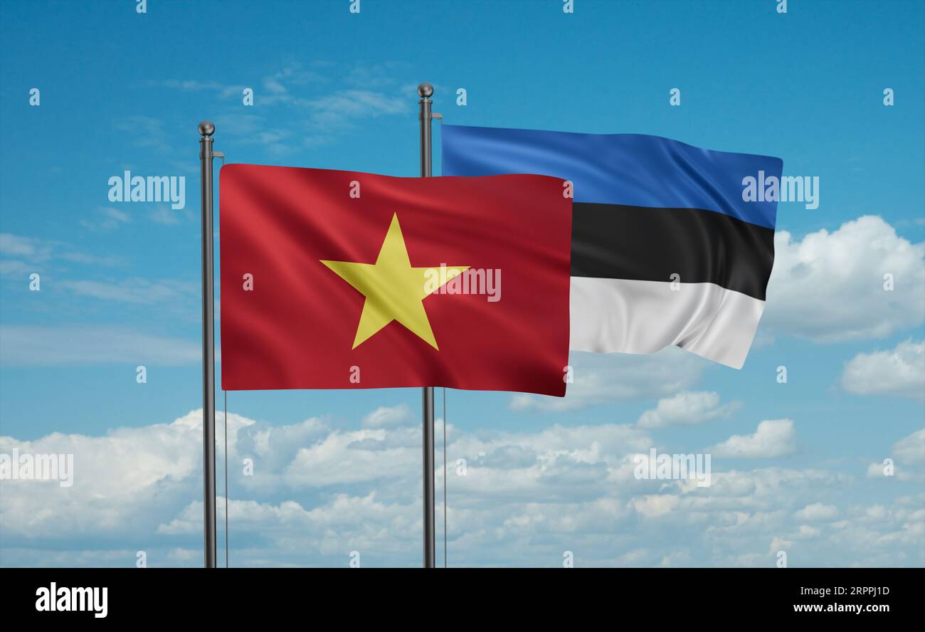 Estonia flag and Vietnam flag waving together on blue sky, two country ...