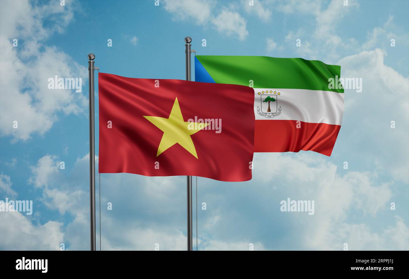 Equatorial Guinea flag and Vietnam flag waving together on blue sky ...