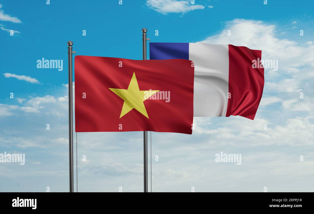 Vietnam and France flags waving together on blue sky, two country ...