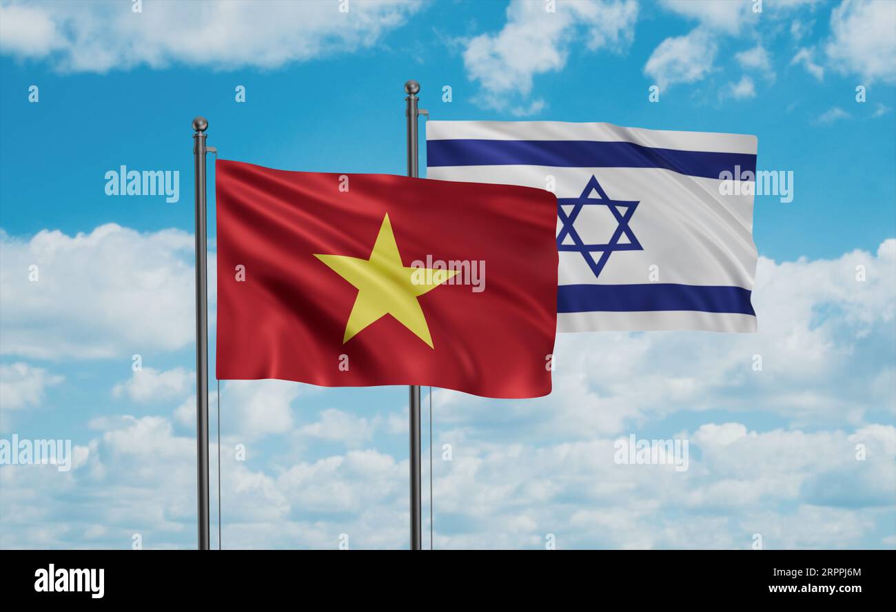 Israel flag and Vietnam flag waving together on blue sky, two country ...