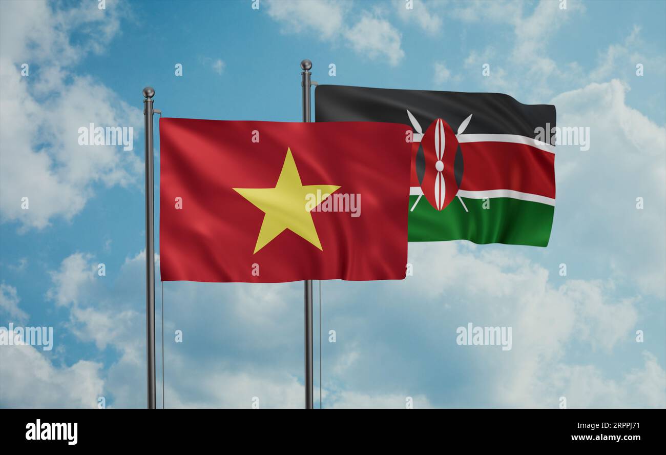 Kenya flag and Vietnam flag waving together on blue sky, two country ...