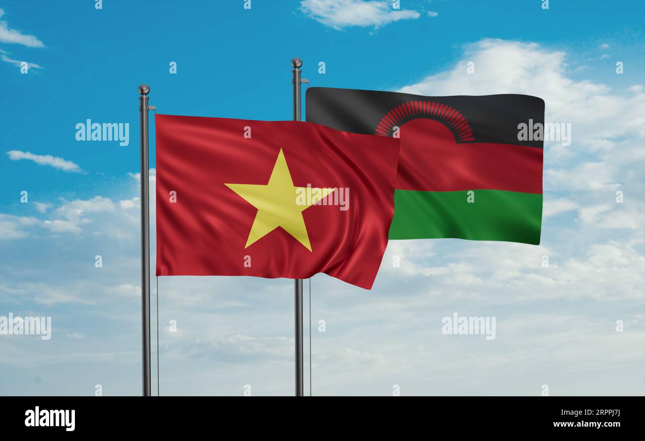 Malawi flag and Vietnam flag waving together on blue sky, two country ...