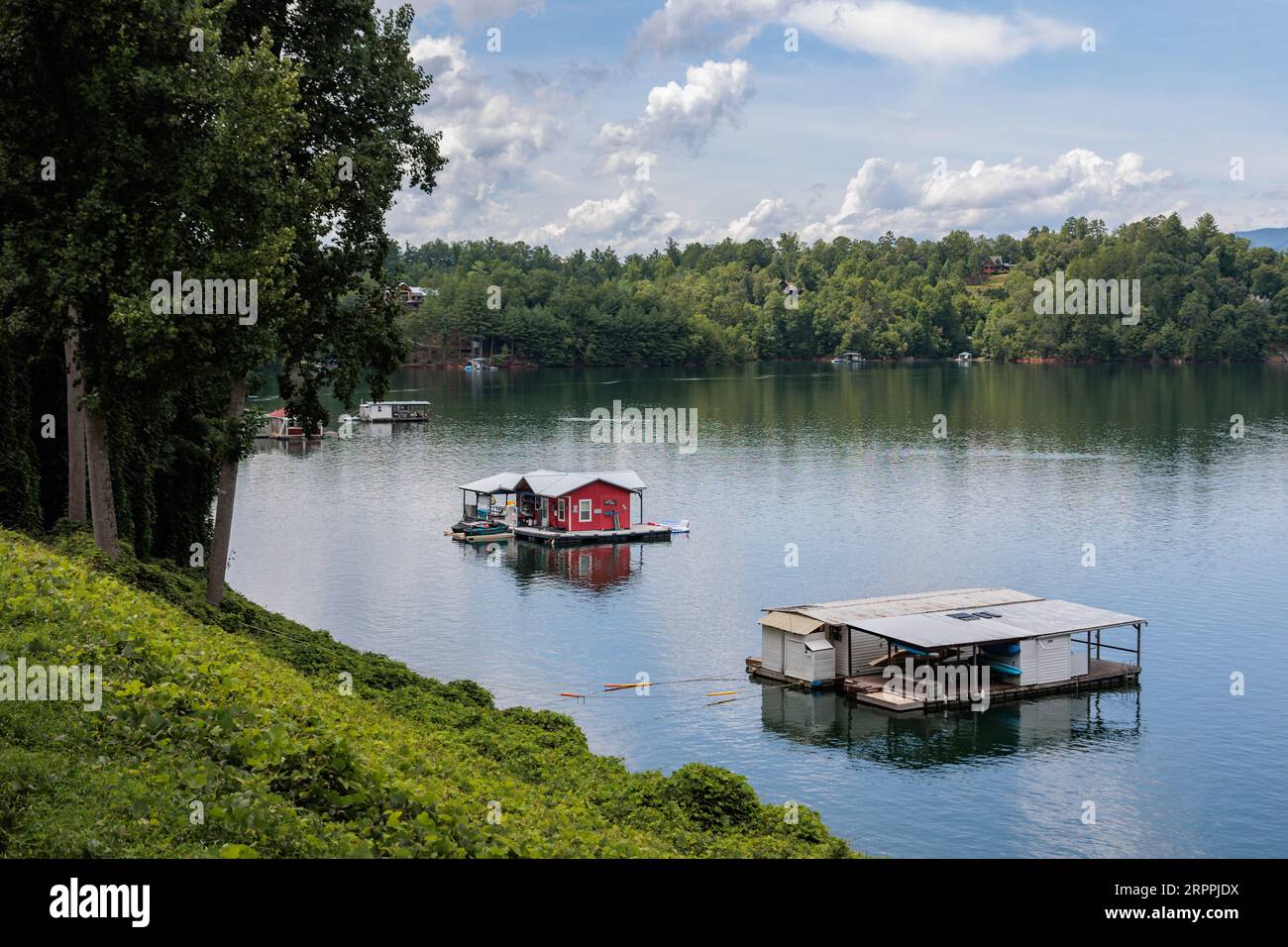 View of a house boats on Fontana Lake as seen from the Great Smoky ...