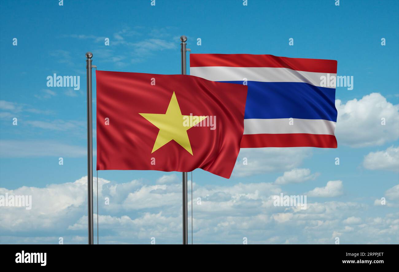 Kingdom of Thailand and Vietnam flag waving together in the wind on ...