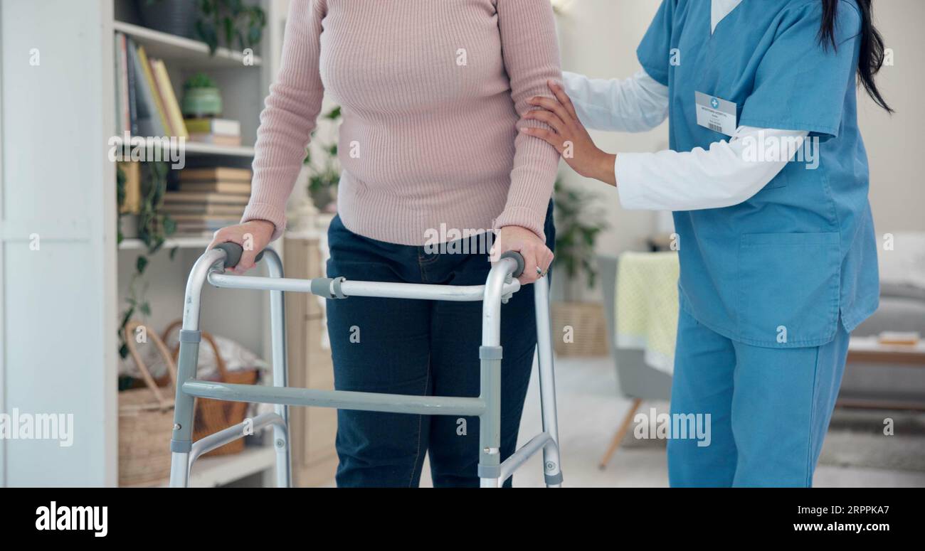 Caregiver, hands or elderly woman walking with walker for support ...